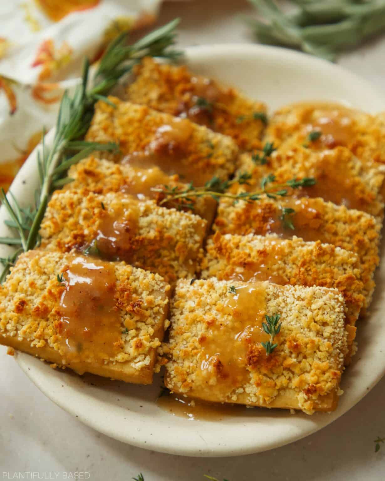 Thanksgiving Breaded Tofu Cutlets with Gravy - Plantifully Based