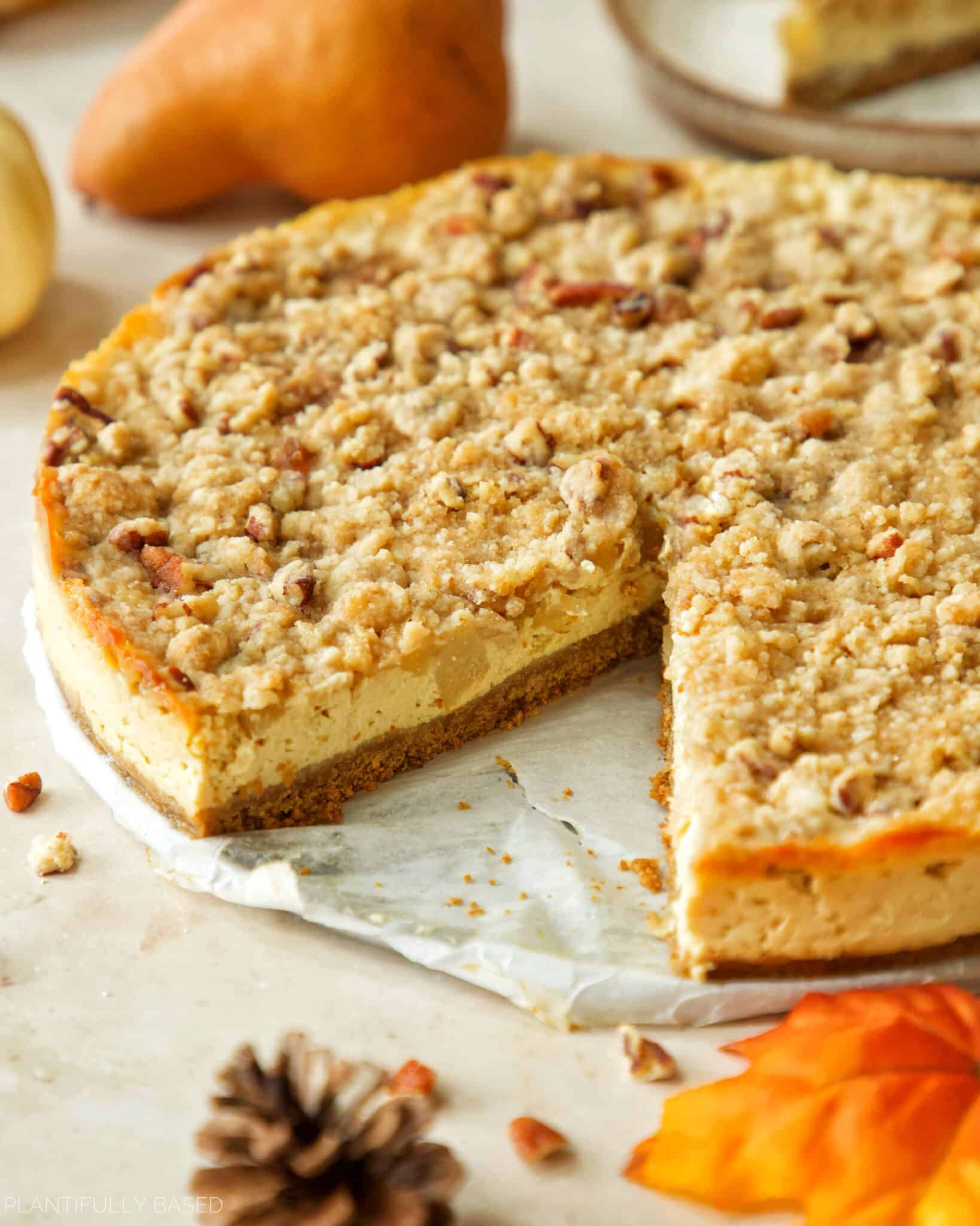Vegan Pear Pecan Crumble Cheesecake - Plantifully Based
