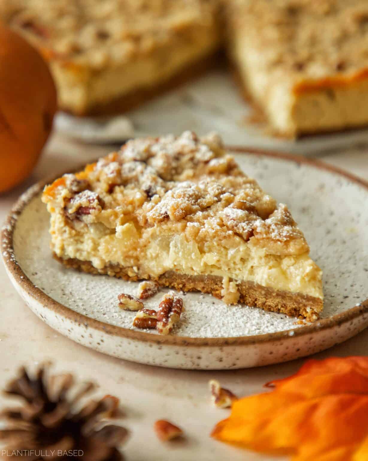 Vegan Pear Pecan Crumble Cheesecake - Plantifully Based